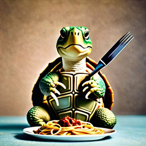 Giant turtle eating spaghetti with knife and fork