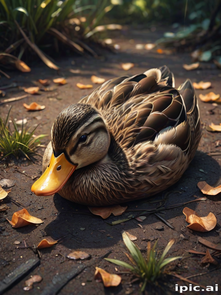 A Serene Duck Resting on a Leaf-Littered Pathway in Nature.