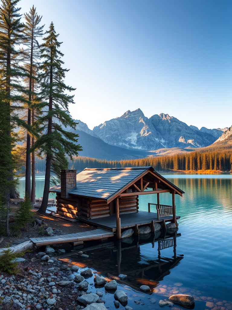 Serene Mountain Lake Cabin Surrounded by Majestic Peaks and Tall Pines