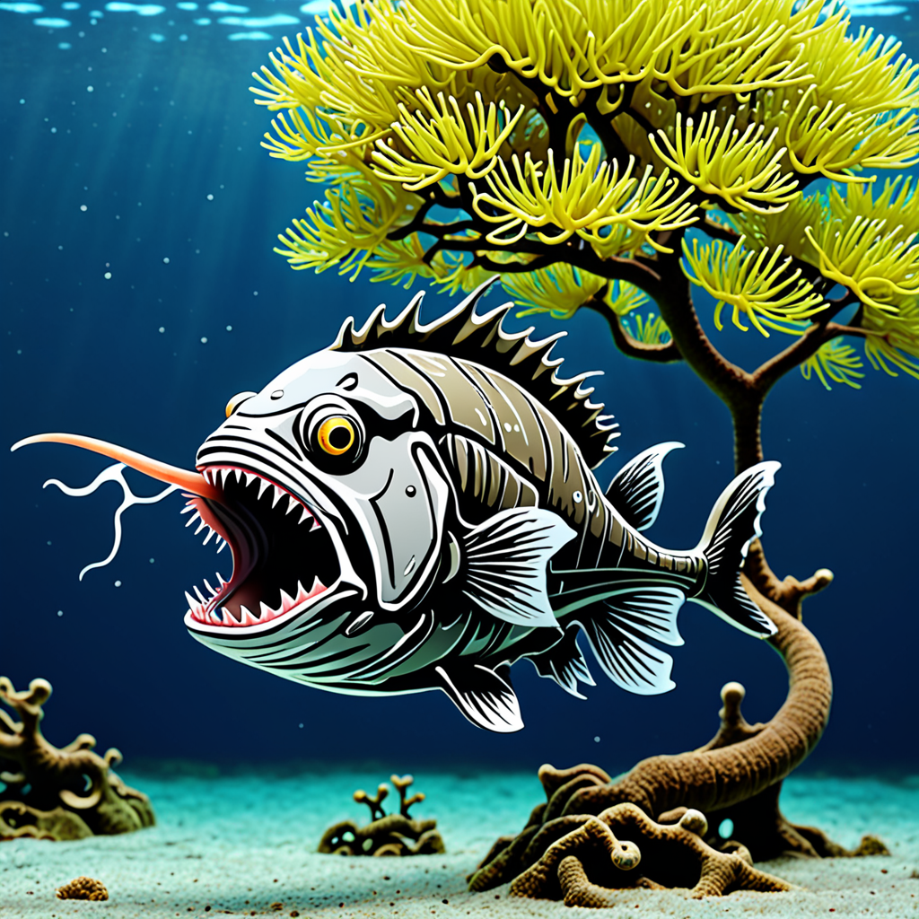 Cartoon angler fish eating a bonsai tree in the depths of the sea