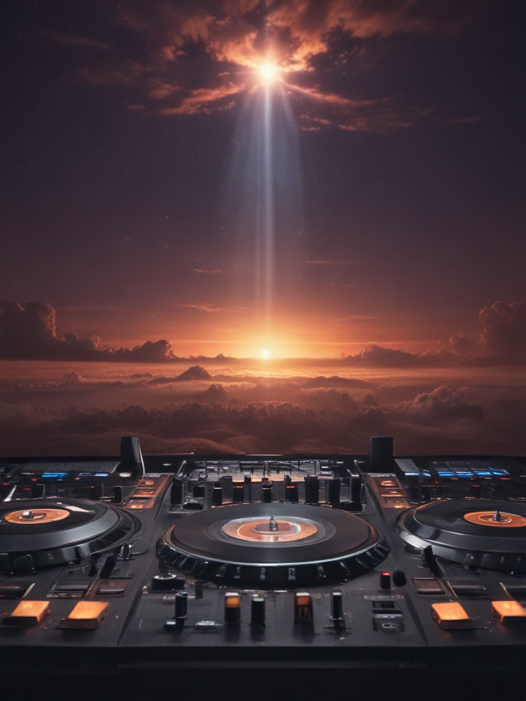 An Epic Sunset Overlooking a DJ Setup with Cosmic Light Beams