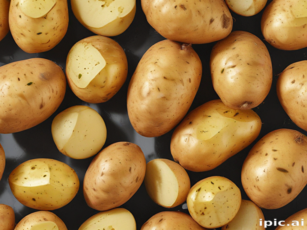 Freshly Harvested Potatoes Displayed in Various Sizes and Cut Shapes