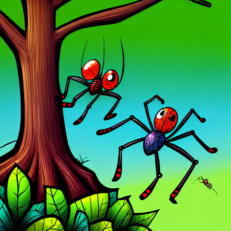colorful spider crawling up a lush tree, cartoon style