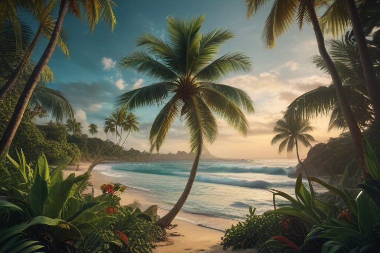 A Serene Tropical Beach at Sunset Surrounded by Lush Greenery and Palms