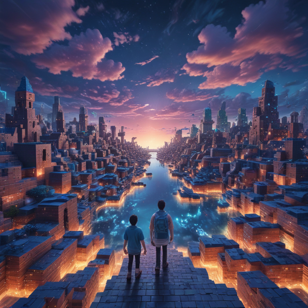 a man enter a pixelated digital world built of glowing cube building ...