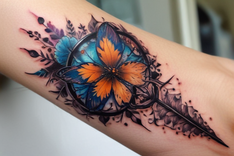 Vibrant Butterfly Tattoo Surrounded by Intricate Floral and Leaf Designs