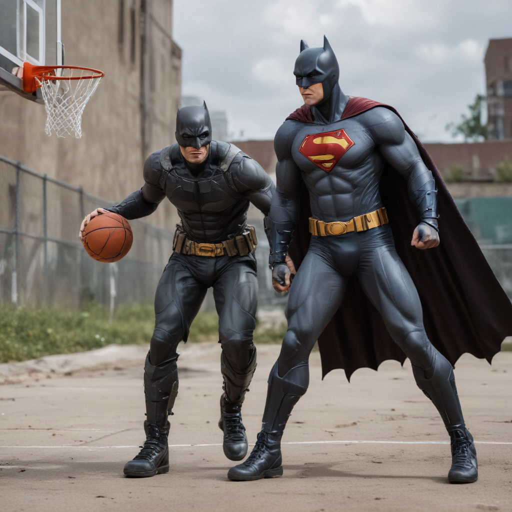 Batman guarding superman while playing basketball