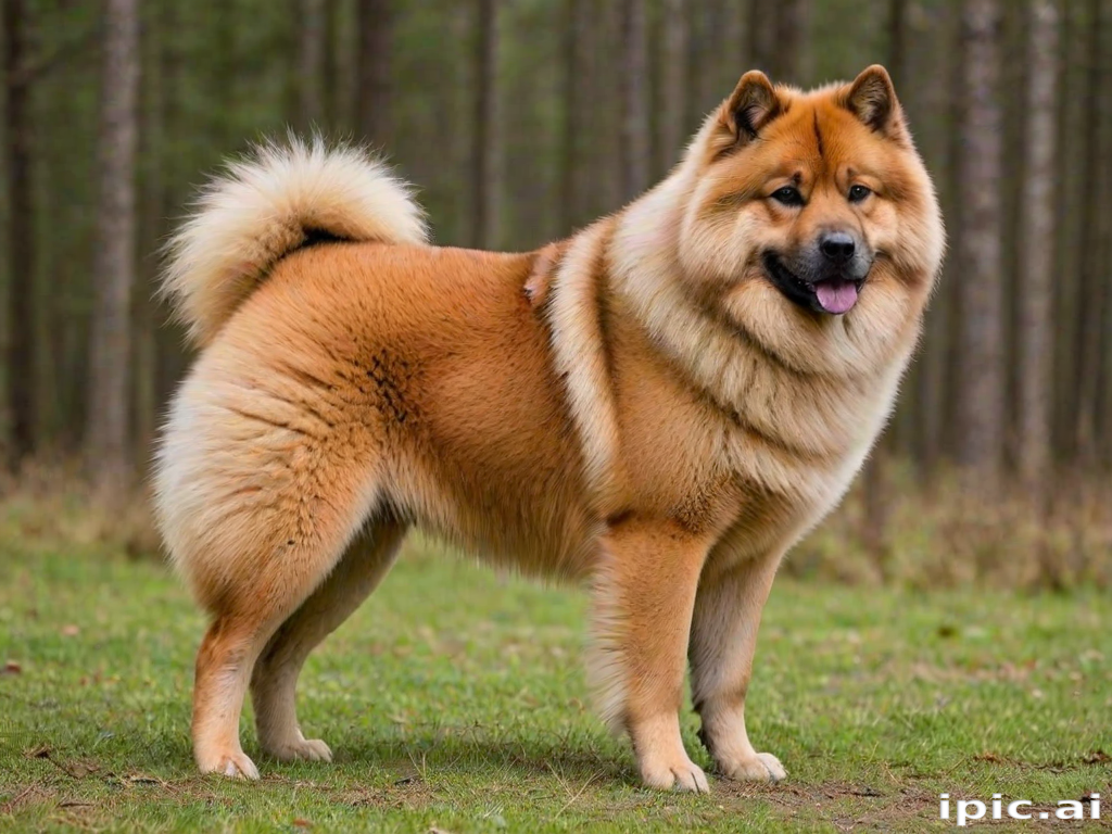 A Playful Chow Chow Dog Standing Proudly in a Forest Setting