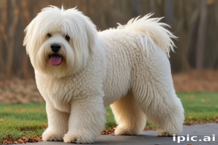 A Fluffy White Dog Standing Proudly in a Scenic Outdoor Setting.