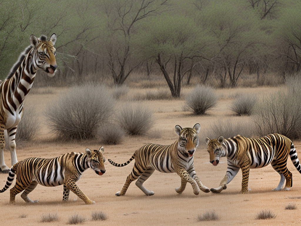 A Playful Group of Tigers Roaming in a Serene Desert Landscape.