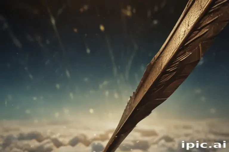 A Glimmering Quill Pen Against a Dreamy, Ethereal Background of Clouds