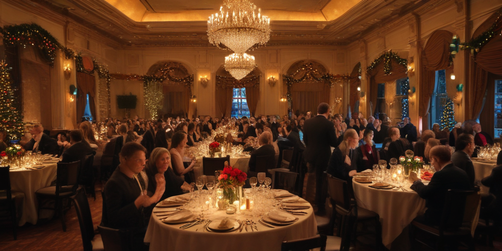Elegant Holiday Gala with Guests Dining in a Lavishly Decorated Ballroom.