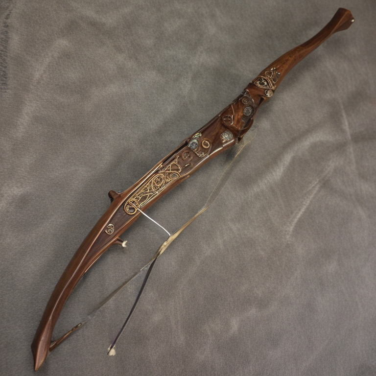 elven bow made of dark wood, runes, gold, no people, just the weapon