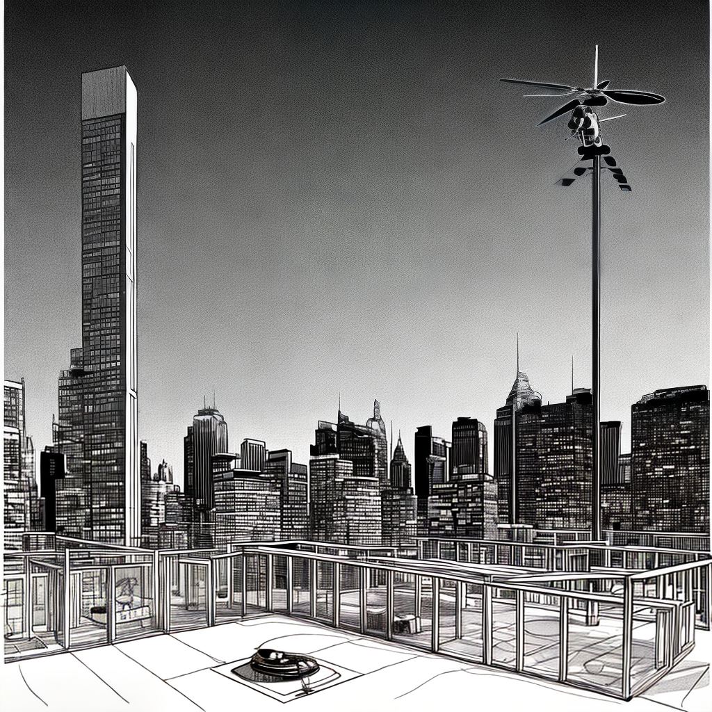 HELIPAD ON THE ROOFTOP. COMIC BOOK. SKETCH STYLE. BLACK AND WHITE.