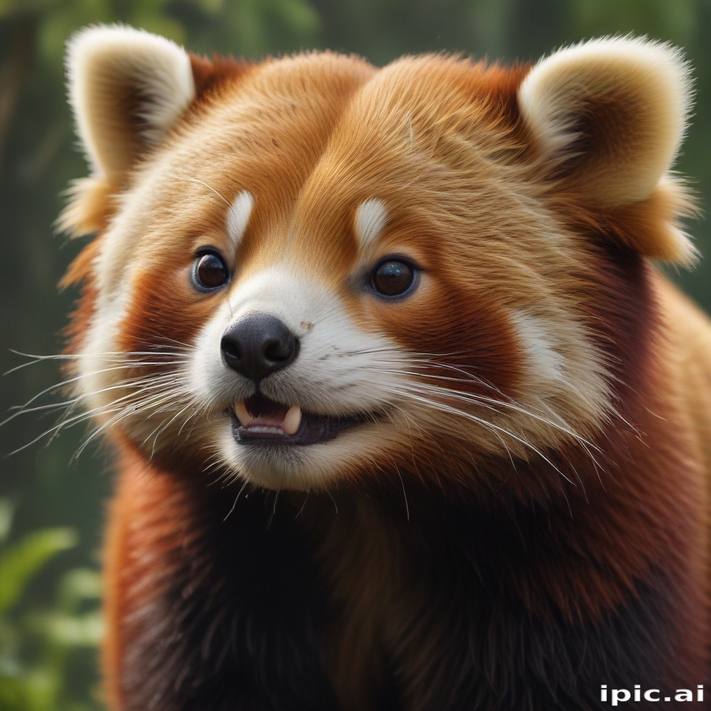 A Playful Red Panda Smiling Amidst a Lush Green Background.