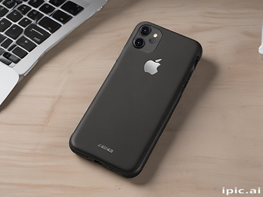 Stylish Black iPhone Case Resting on a Wooden Desk Next to Laptop