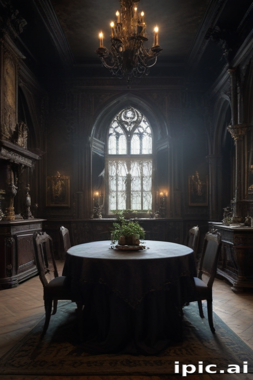 An Elegant Dining Room with Antique Decor and Dim Ambient Lighting