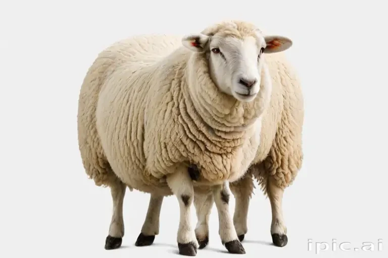 A Fluffy White Sheep Standing Proudly on a Clean White Background.