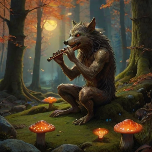 A Mystical Forest Scene Featuring a Werewolf Playing Flute Among Mushrooms