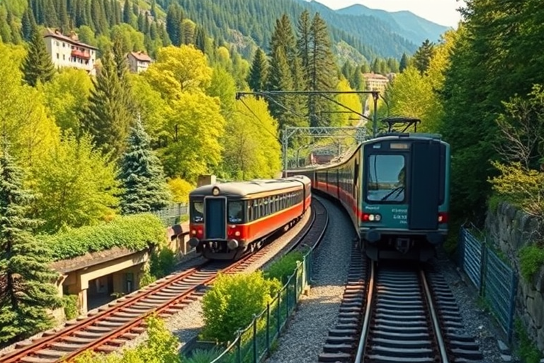 Two Trains Traveling Through a Scenic Mountain Landscape Surrounded by ...