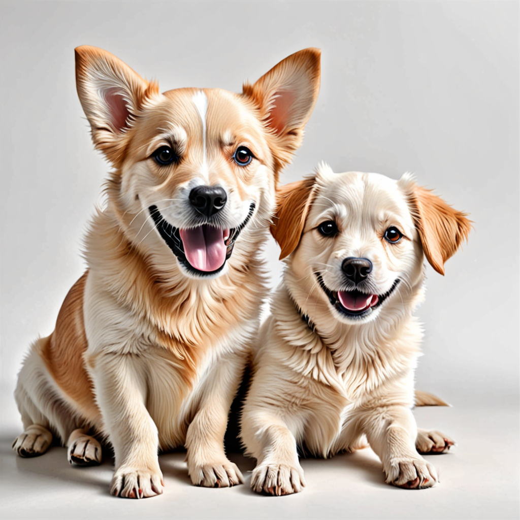 happy cute, 2 dogs, playing, white background, realistic graphic design ...