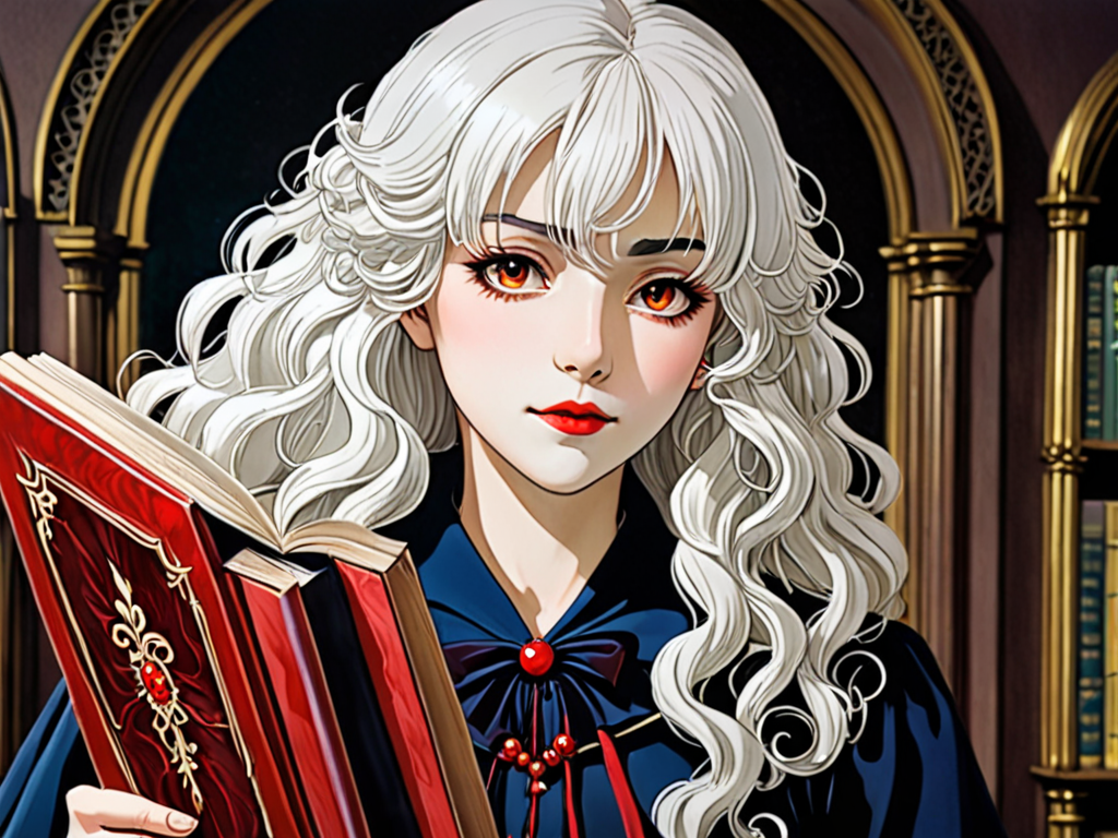 Ghibli 2d anime Manga woman vampire white curly hair Dark creepy book ...