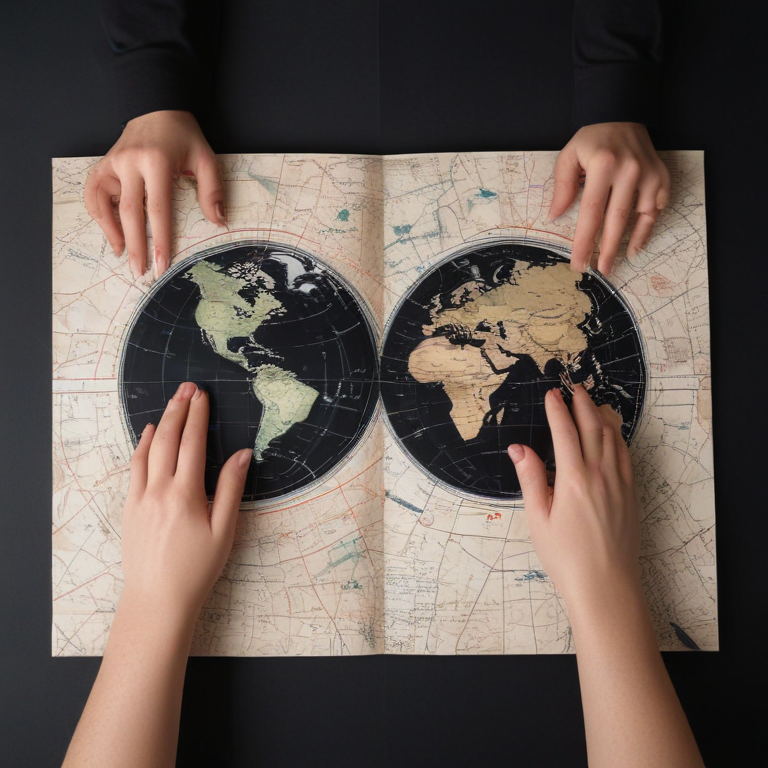 Two female hands holding a flat earther map on top of them with a black background