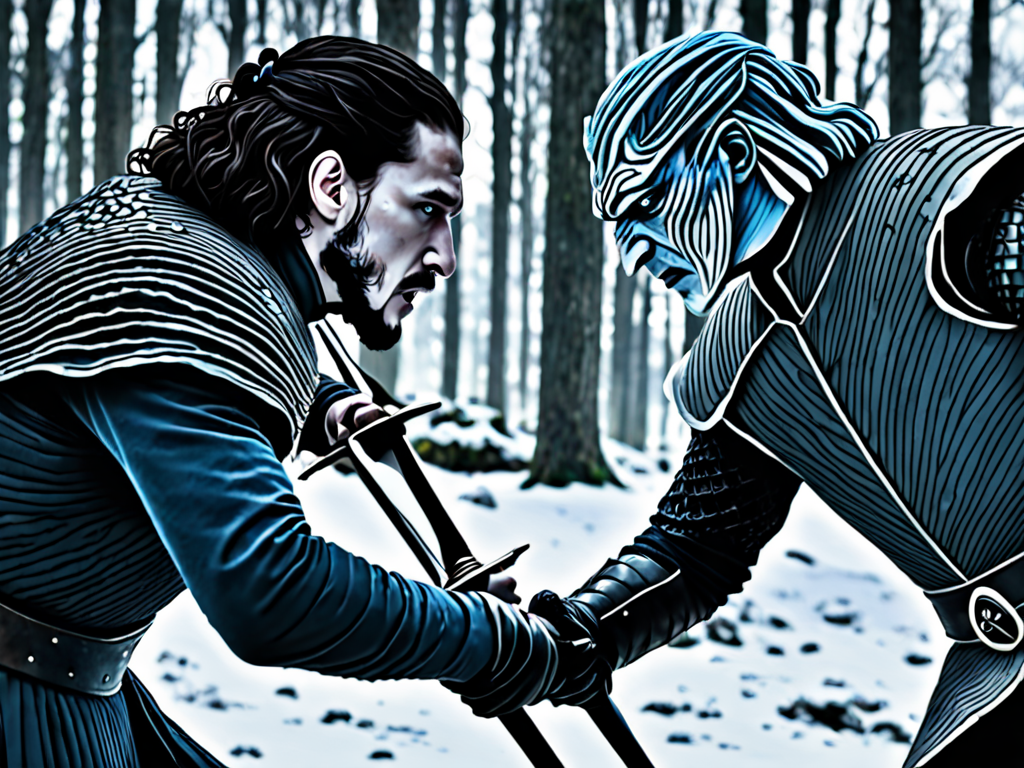 Create a portrait similar to a real scene from Game of Thrones showing ...