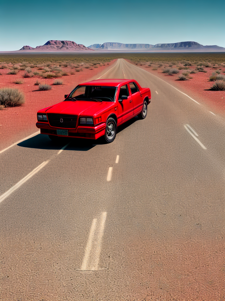 red car running street desert, realistic image