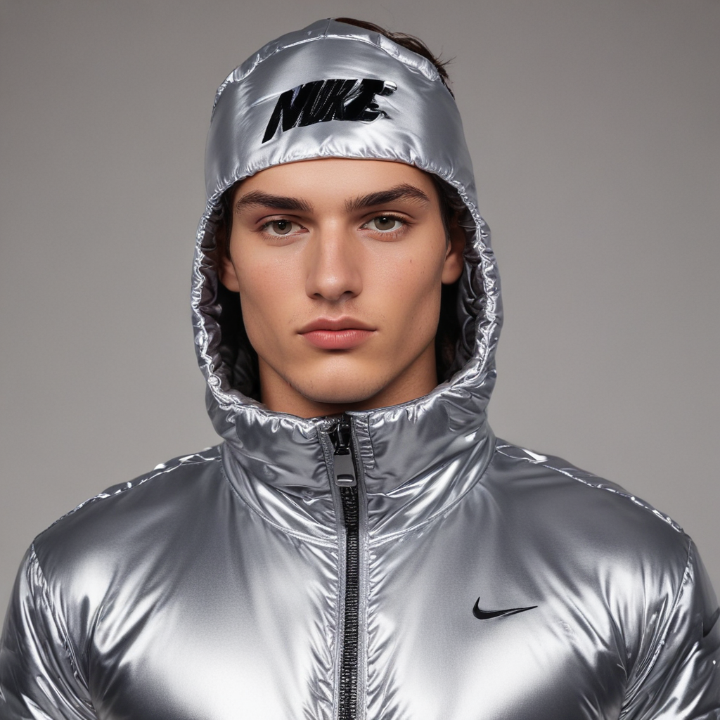 Male supermodel nike shiny puffer jacket bling jewellery hood headband
