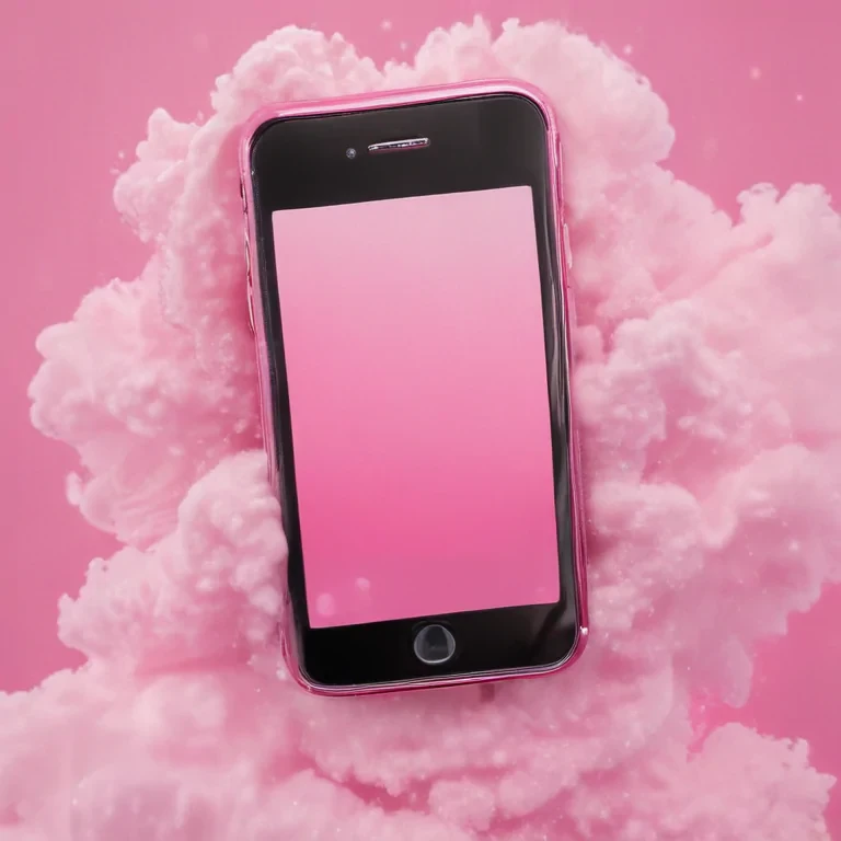 Vibrant Pink Smartphone Surrounded by Soft, Fluffy Pink Cloud Background