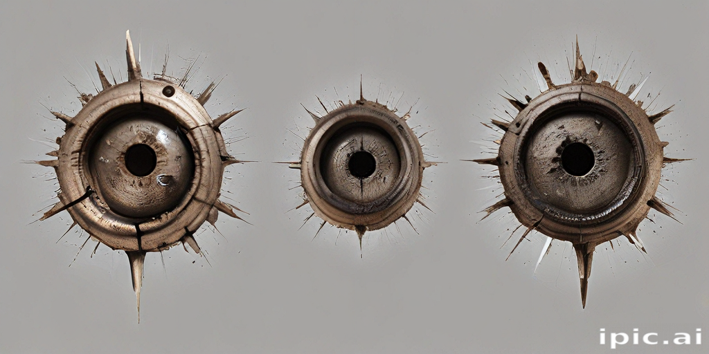 Abstract Art Featuring Three Metallic Circular Forms with Spiky Textures