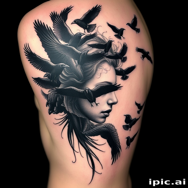 Intricate Tattoo Design Featuring a Woman's Face Surrounded by Flying Crows