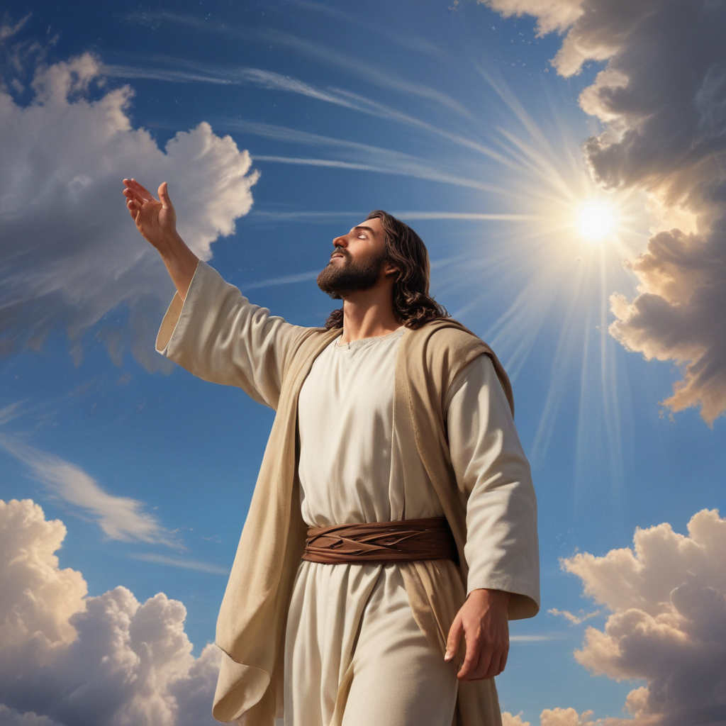 Cartoon Jesus looking at the sky and express thank you father