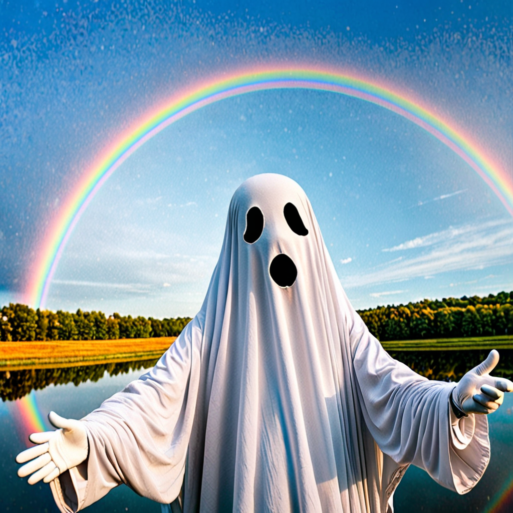 ghost taking a selfie with rainbow background