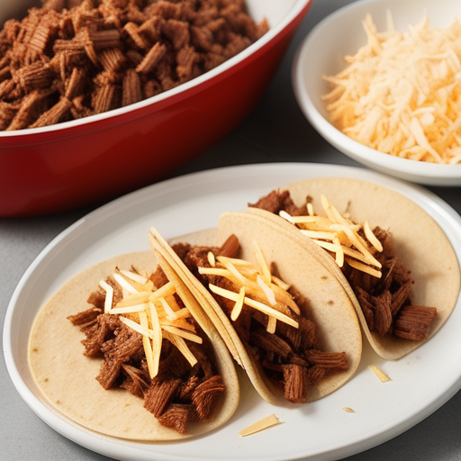 Delicious Tacos Filled with Shredded Meat and Topped with Cheese Strips.