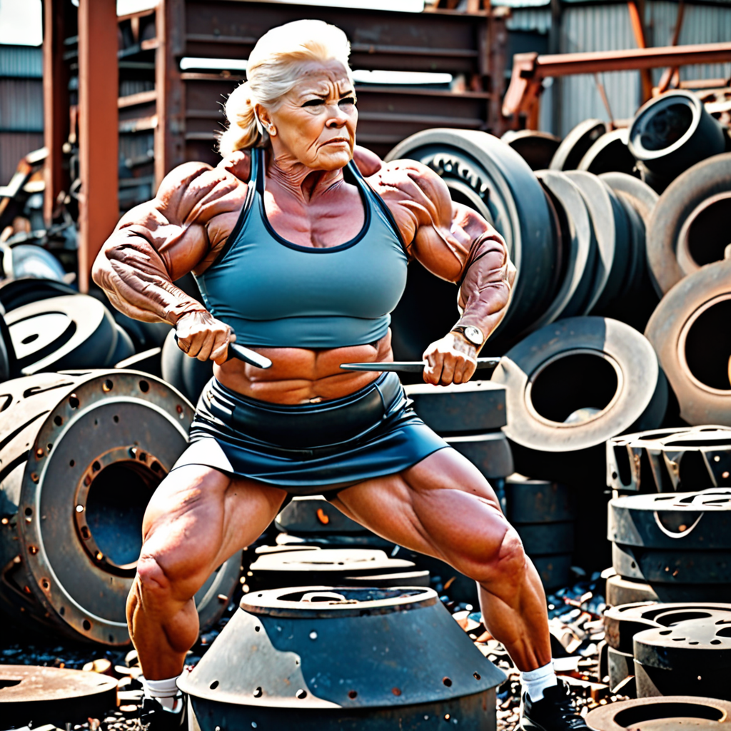 A very strong muscular elderly female very overweight bodybuilder in a ...