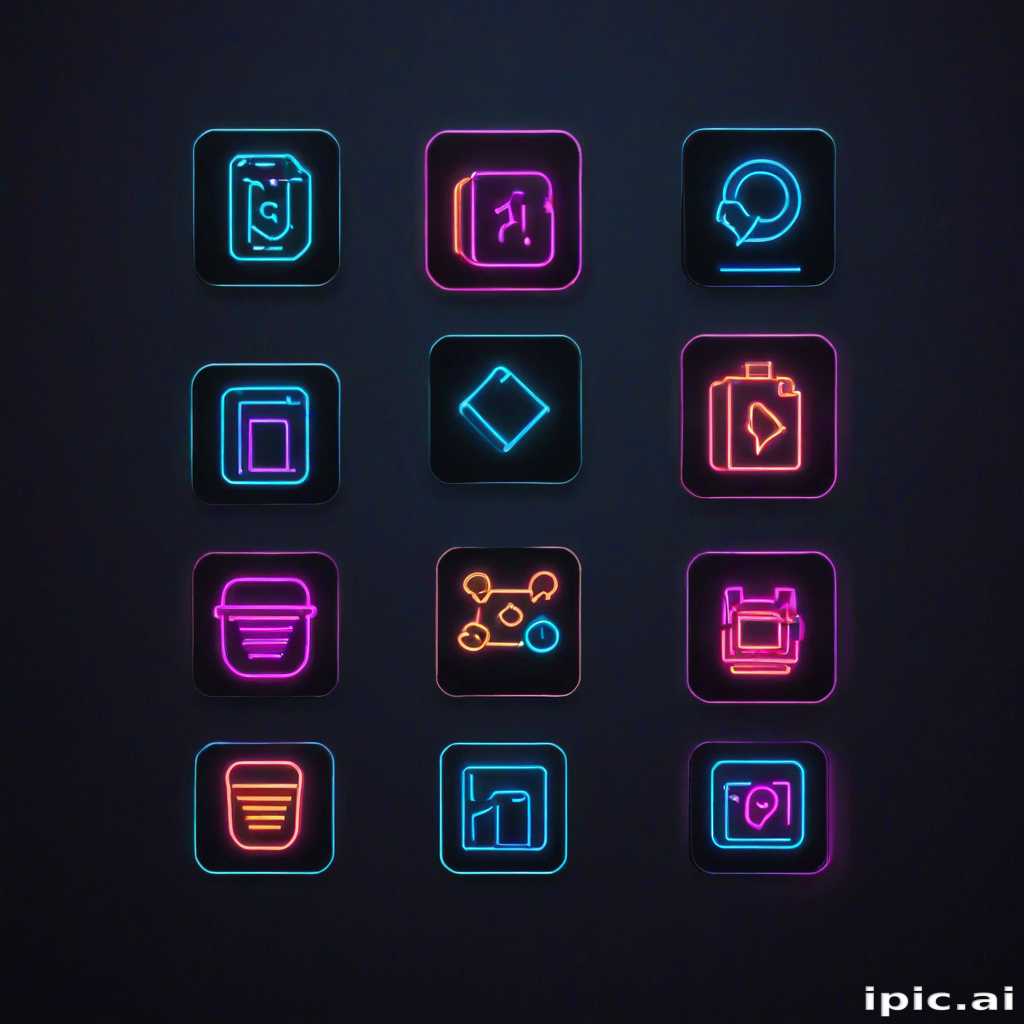 Colorful Neon Icons Displaying Various Digital Tools and Features in Grid