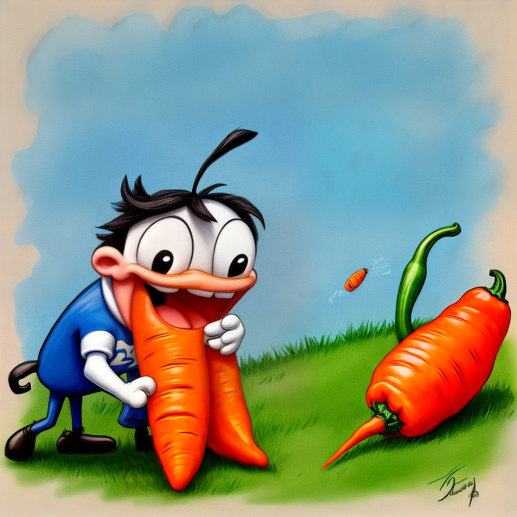 A carrot eating pepper in a disney cartoon style