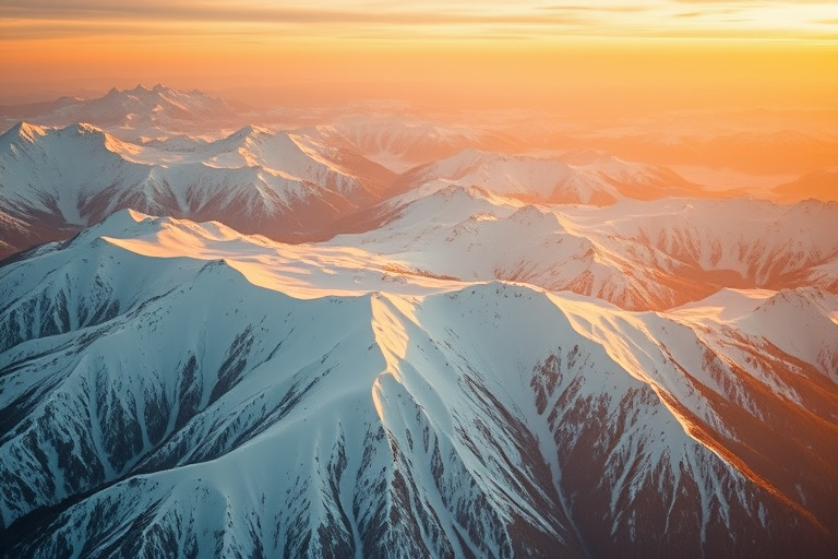 Majestic Snow-Capped Mountains Bathed in Golden Light at Sunset.