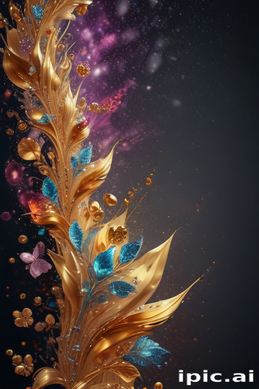 Elegant Golden Floral Design with Colorful Accents and Sparkling Details