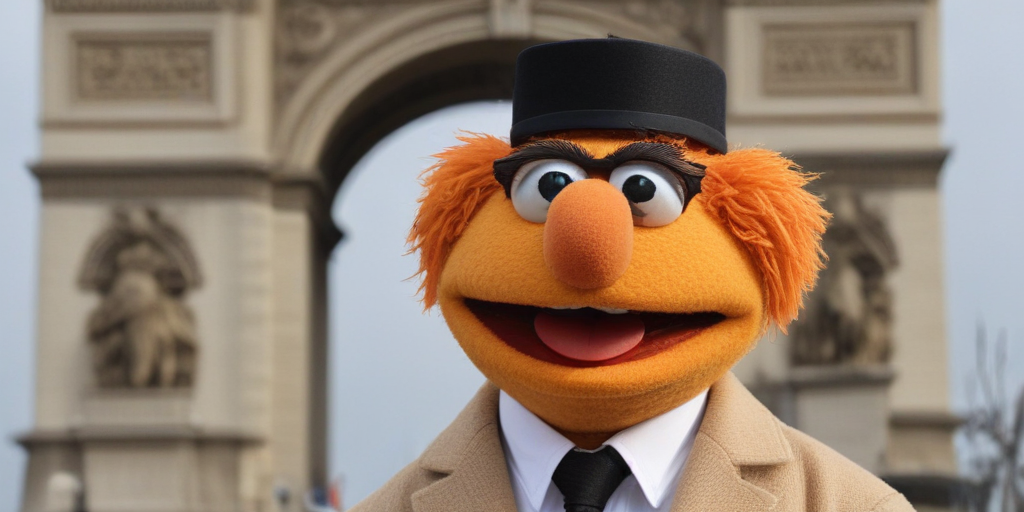 muppet character "newsman" in front of arc de triumph