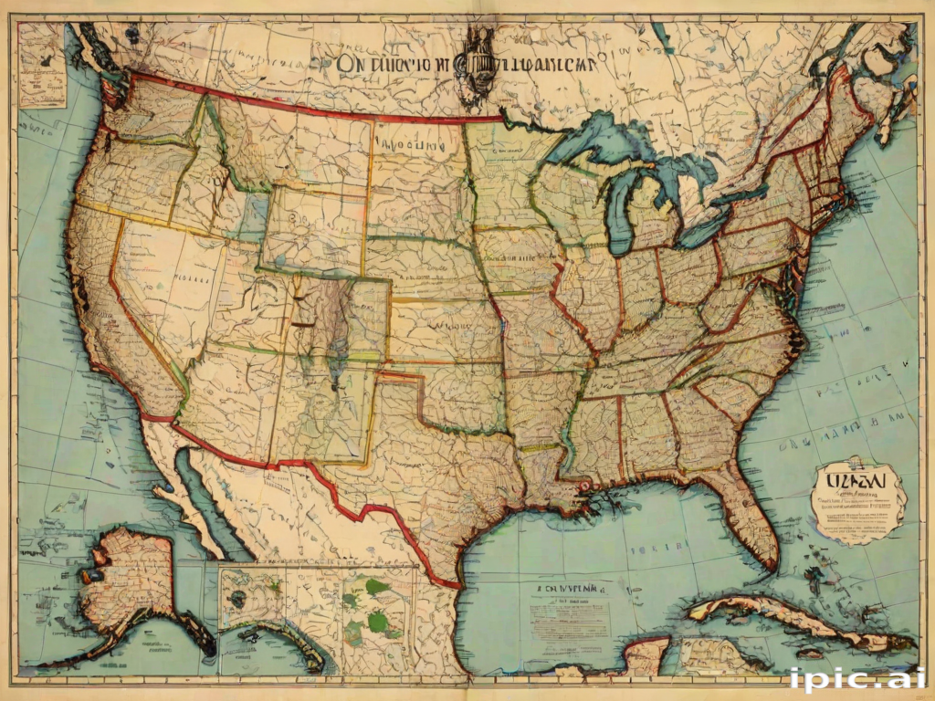 Historic Map of the United States Highlighting State Boundaries and ...