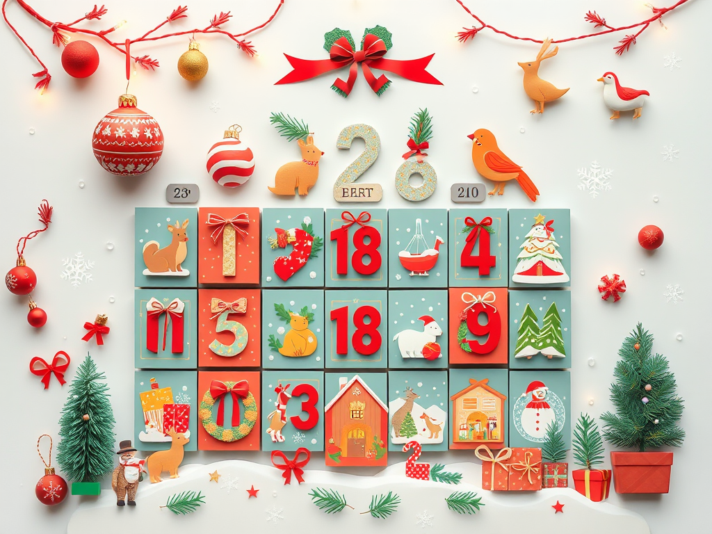 Festive Advent Calendar Display with Colorful Decorations and Holiday Cheer