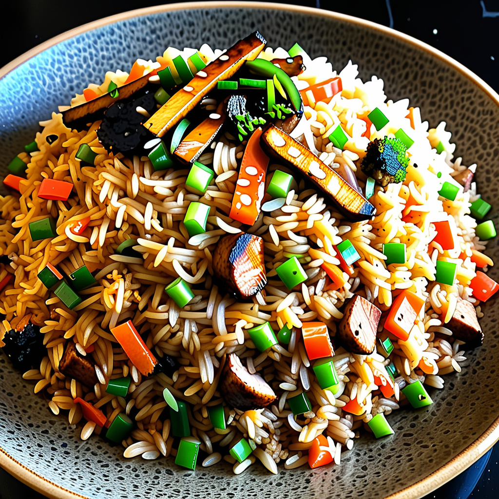 A Colorful Platter of Fried Rice with Vegetables and Tender Chicken.