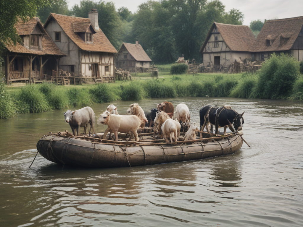 background: raft on a medieval village river. middle: medieval people ...