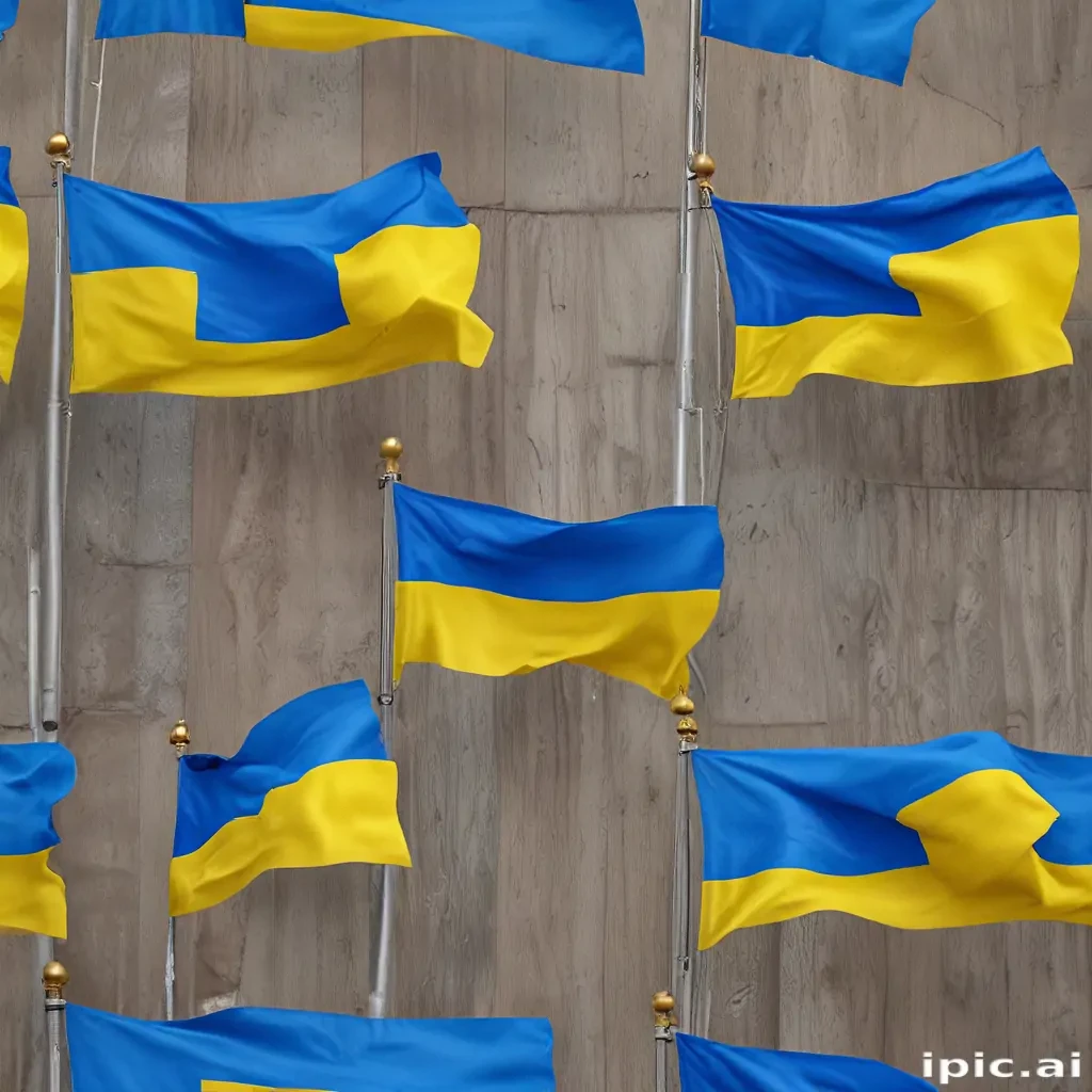 Vibrant Display of Ukrainian Flags Fluttering Against a Wooden Background.