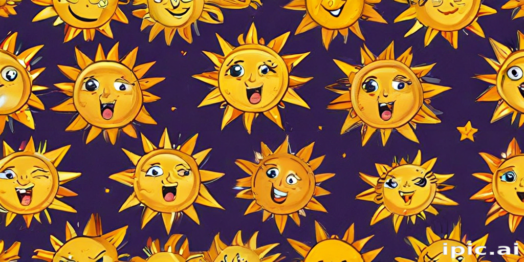 Cheerful and Playful Cartoon Suns with Various Expressions on a Dark ...