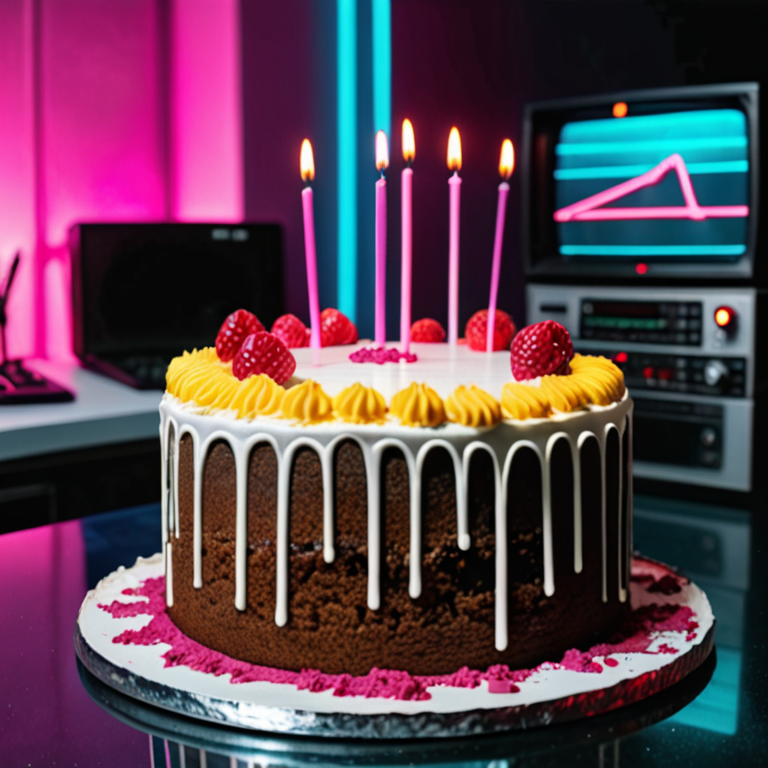 A cake watching a crime scene in synthwave style