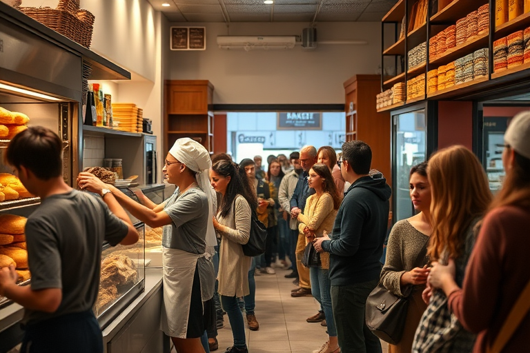 Busy Bakery Scene with Long Line of Customers Eager for Fresh Bread.